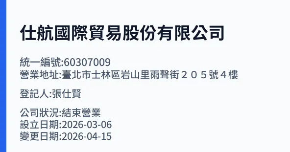 仕航國際貿易股份有限公司的照片-統編 60307009(臺北市) 公司登記資料與營業項目詳細圖表