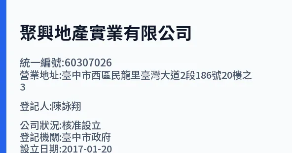 聚興地產實業有限公司的照片-統編 60307026(臺中市) 公司登記資料與營業項目詳細圖表