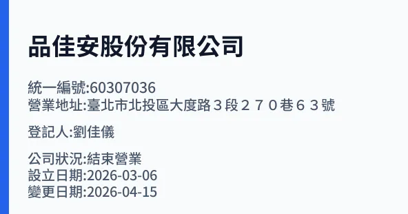 品佳安股份有限公司的照片-統編 60307036(臺北市) 公司登記資料與營業項目詳細圖表