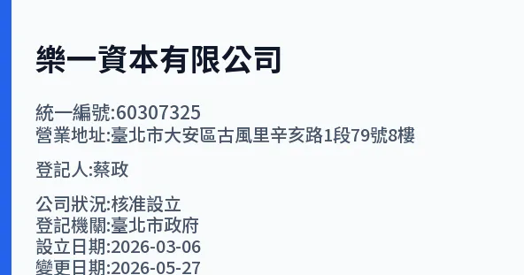 樂一資本有限公司的照片-統編 60307325(臺北市) 公司登記資料與營業項目詳細圖表