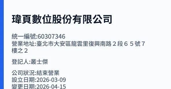 瑋頁數位股份有限公司的照片-統編 60307346(臺北市) 公司登記資料與營業項目詳細圖表