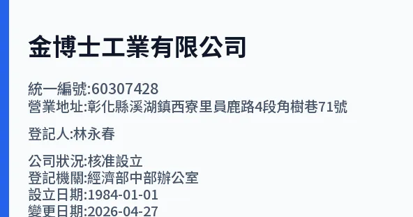 金博士工業有限公司的照片-統編 60307428(彰化縣) 公司登記資料與營業項目詳細圖表