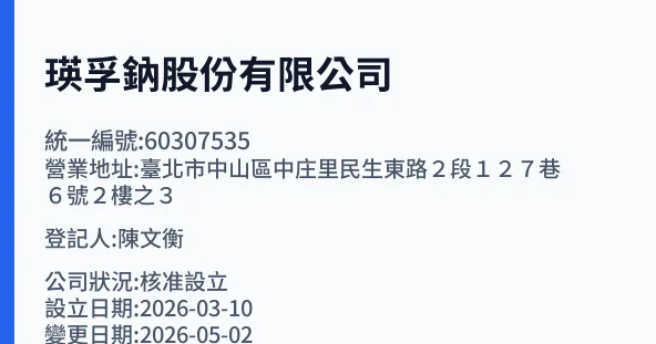 瑛孚鈉股份有限公司的照片-統編 60307535(臺北市) 公司登記資料與營業項目詳細圖表