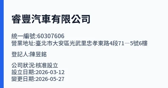 睿豐汽車有限公司的照片-統編 60307606(臺北市) 公司登記資料與營業項目詳細圖表