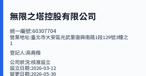 無限之塔控股有限公司的照片-統編 60307704(臺北市) 公司登記資料與營業項目詳細圖表