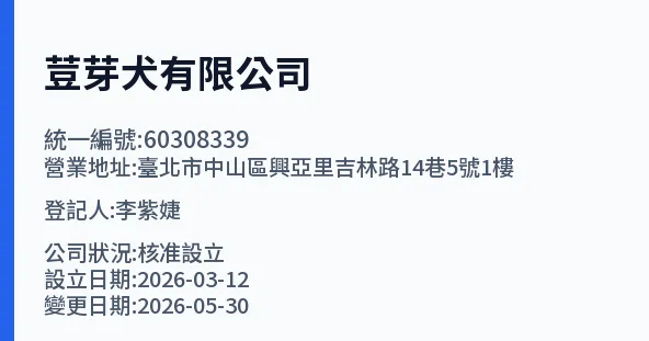 荳芽犬有限公司的照片-統編 60308339(臺北市) 公司登記資料與營業項目詳細圖表