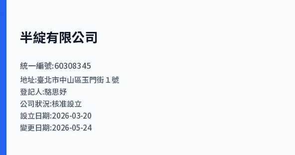 半綻有限公司的照片-統編 60308345(臺北市) 公司登記資料與營業項目詳細圖表