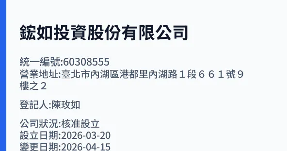 鋐如投資股份有限公司的照片-統編 60308555(臺北市) 公司登記資料與營業項目詳細圖表