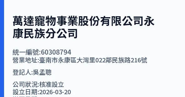 萬達寵物事業股份有限公司永康民族分公司的照片-統編 60308794(臺南市) 公司登記資料與營業項目詳細圖表