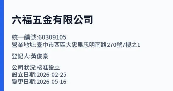 六福五金有限公司的照片-統編 60309105(臺中市) 公司登記資料與營業項目詳細圖表
