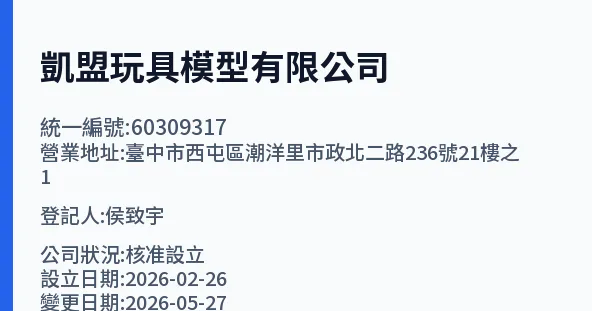 凱盟玩具模型有限公司的照片-統編 60309317(臺中市) 公司登記資料與營業項目詳細圖表