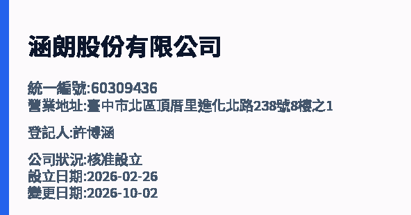 涵朗股份有限公司的照片-統編 60309436 公司登記資料與營業項目詳細圖表