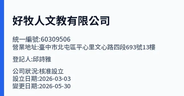 好牧人文教有限公司的照片-統編 60309506(臺中市) 公司登記資料與營業項目詳細圖表