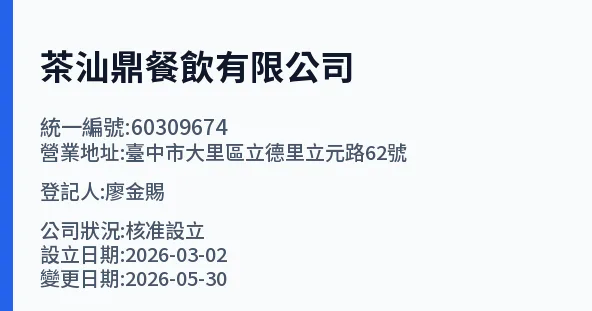 茶汕鼎餐飲有限公司的照片-統編 60309674(臺中市) 公司登記資料與營業項目詳細圖表