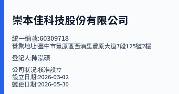 崇本佳科技股份有限公司的照片-統編 60309718(臺中市) 公司登記資料與營業項目詳細圖表