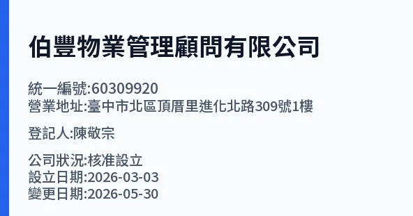 伯豐物業管理顧問有限公司的照片-統編 60309920(臺中市) 公司登記資料與營業項目詳細圖表