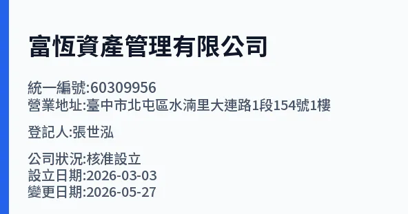 富恆資產管理有限公司的照片-統編 60309956(臺中市) 公司登記資料與營業項目詳細圖表