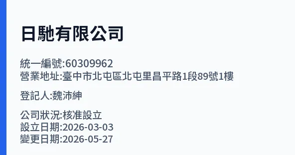 日馳有限公司的照片-統編 60309962(臺中市) 公司登記資料與營業項目詳細圖表