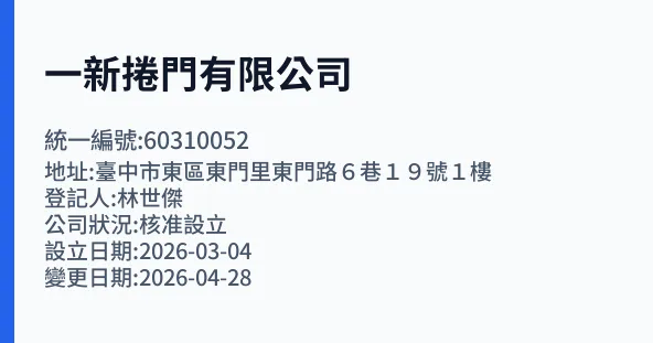 一新捲門有限公司的照片-統編 60310052(臺中市) 公司登記資料與營業項目詳細圖表