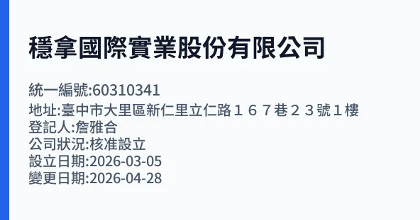 穩拿國際實業股份有限公司的照片-統編 60310341(臺中市) 公司登記資料與營業項目詳細圖表