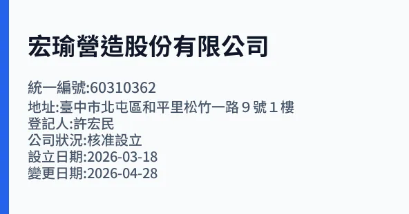 宏瑜營造股份有限公司的照片-統編 60310362(臺中市) 公司登記資料與營業項目詳細圖表