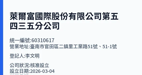萊爾富國際股份有限公司第五四三五分公司的照片-統編 60310617(臺南市) 公司登記資料與營業項目詳細圖表