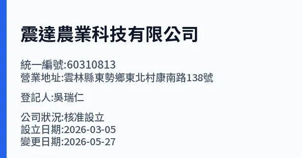 震達農業科技有限公司的照片-統編 60310813(雲林縣) 公司登記資料與營業項目詳細圖表