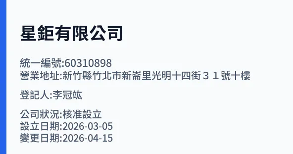 星鉅有限公司的照片-統編 60310898(新竹縣) 公司登記資料與營業項目詳細圖表