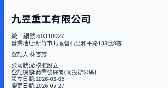 九昱重工有限公司的照片-統編 60310927(新竹市) 公司登記資料與營業項目詳細圖表