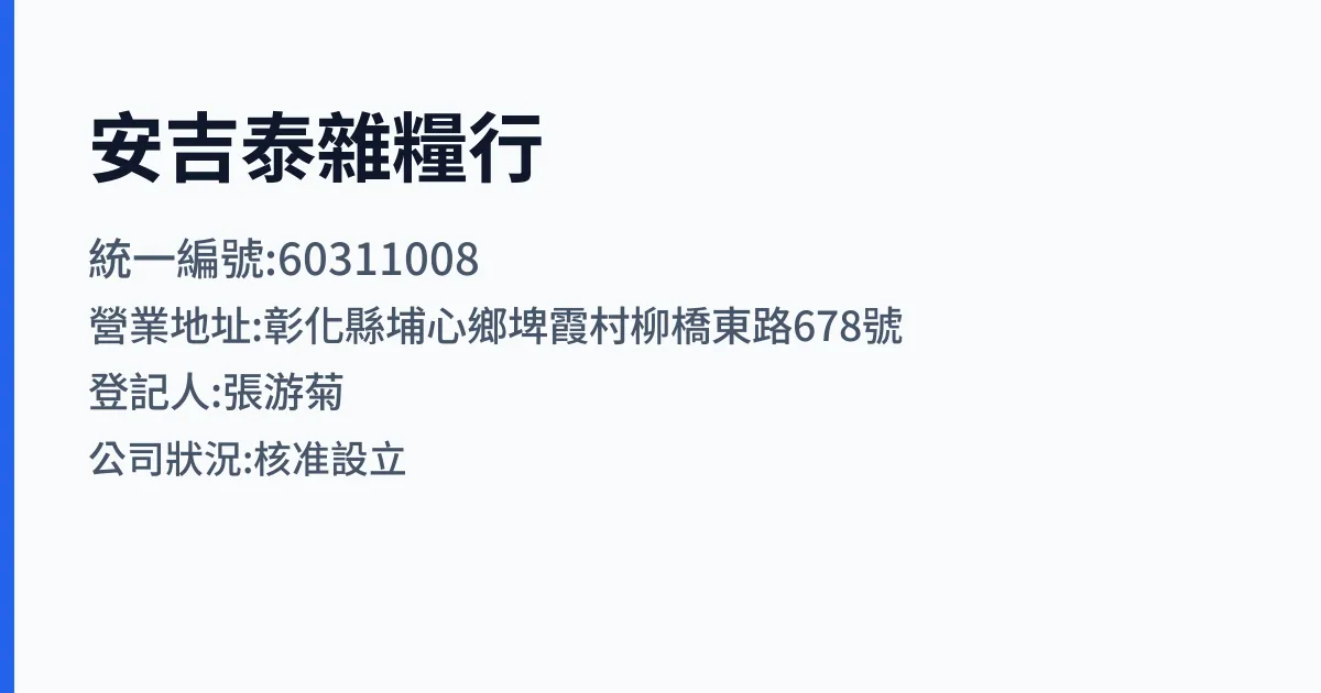 安吉泰雜糧行 - 統編 60311008(彰化縣) 公司登記資料與營業項目詳細圖表