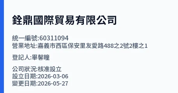 銓鼎國際貿易有限公司的照片-統編 60311094(嘉義市) 公司登記資料與營業項目詳細圖表