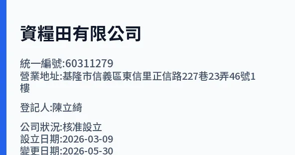資糧田有限公司的照片-統編 60311279(基隆市) 公司登記資料與營業項目詳細圖表