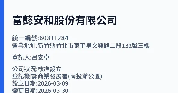 富懿安和股份有限公司的照片-統編 60311284(新竹縣) 公司登記資料與營業項目詳細圖表
