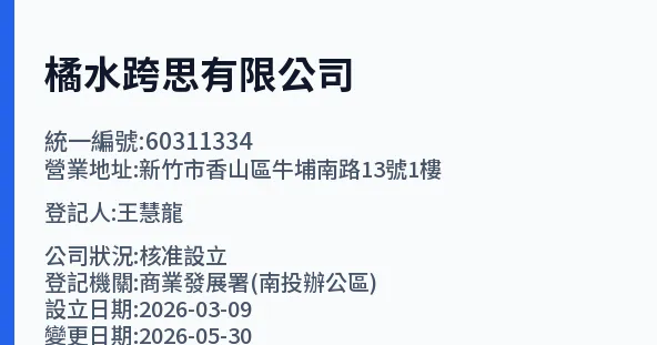 橘水跨思有限公司的照片-統編 60311334(新竹市) 公司登記資料與營業項目詳細圖表