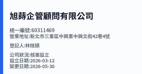 旭蒔企管顧問有限公司的照片-統編 60311469(新北市) 公司登記資料與營業項目詳細圖表