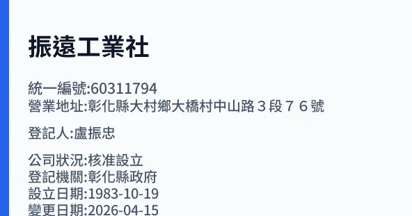 振遠工業社的照片-統編 60311794(彰化縣) 公司登記資料與營業項目詳細圖表