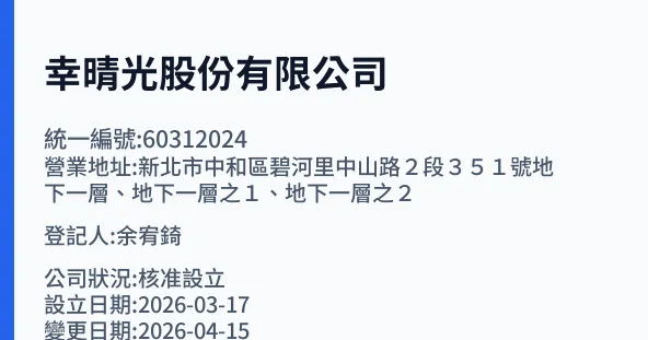 幸晴光股份有限公司的照片-統編 60312024(新北市) 公司登記資料與營業項目詳細圖表