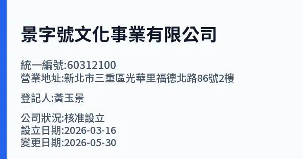 景字號文化事業有限公司的照片-統編 60312100(新北市) 公司登記資料與營業項目詳細圖表