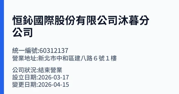 恒鈊國際股份有限公司沐暮分公司的照片-統編 60312137(新北市) 公司登記資料與營業項目詳細圖表