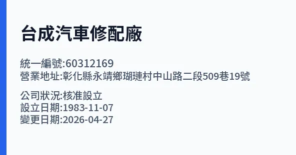台成汽車修配廠的照片-統編 60312169(彰化縣) 公司登記資料與營業項目詳細圖表
