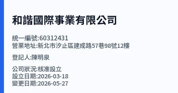 和諧國際事業有限公司的照片-統編 60312431(新北市) 公司登記資料與營業項目詳細圖表