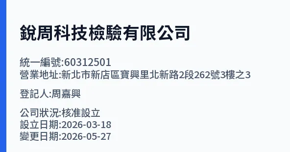 銳周科技檢驗有限公司的照片-統編 60312501(新北市) 公司登記資料與營業項目詳細圖表
