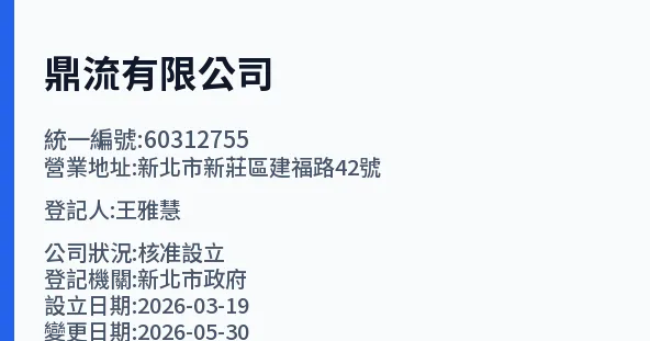 鼎流有限公司的照片-統編 60312755(新北市) 公司登記資料與營業項目詳細圖表