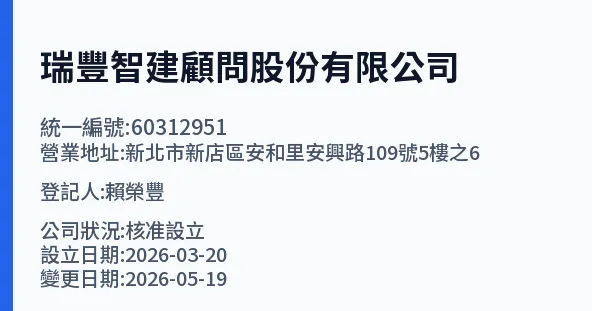 瑞豐智建顧問股份有限公司的照片-統編 60312951(新北市) 公司登記資料與營業項目詳細圖表