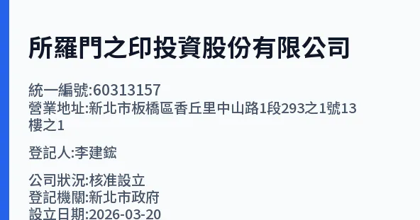 所羅門之印投資股份有限公司的照片-統編 60313157(新北市) 公司登記資料與營業項目詳細圖表