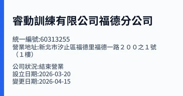 睿動訓練有限公司福德分公司的照片-統編 60313255(新北市) 公司登記資料與營業項目詳細圖表