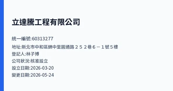 立達騰工程有限公司的照片-統編 60313277(新北市) 公司登記資料與營業項目詳細圖表