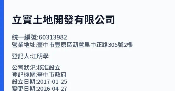 立寶土地開發有限公司的照片-統編 60313982(臺中市) 公司登記資料與營業項目詳細圖表