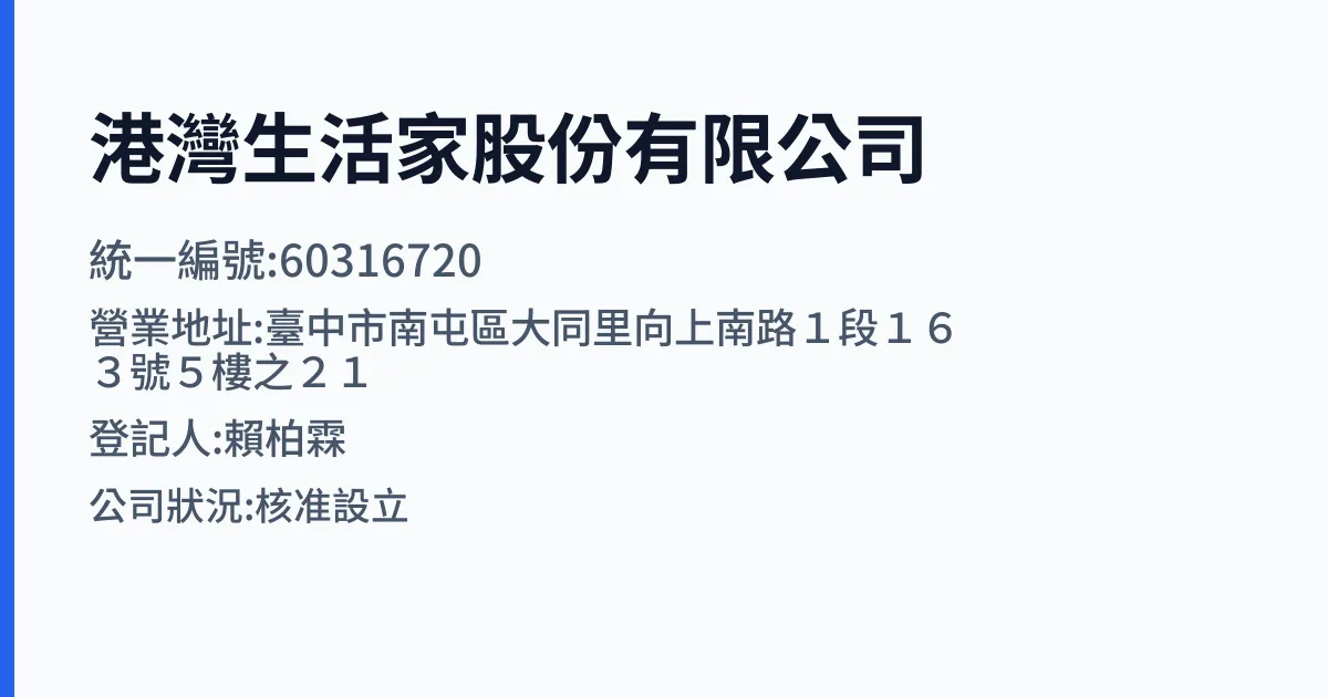 港灣生活家股份有限公司 - 統編 60316720(臺中市) 公司登記資料與營業項目詳細圖表