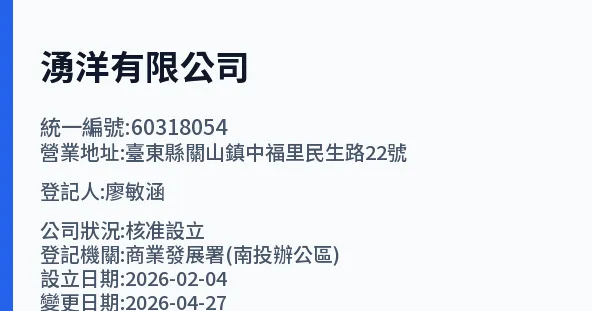 湧洋有限公司的照片-統編 60318054(臺東縣) 公司登記資料與營業項目詳細圖表